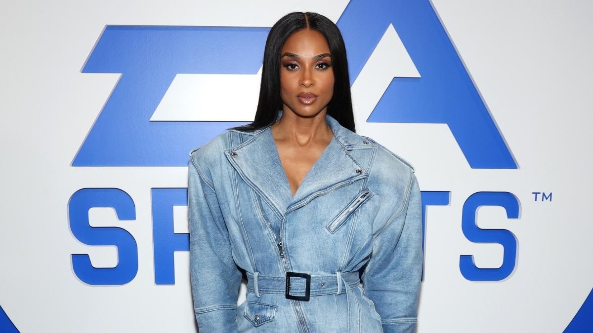 Ciara Brings Biker Chic To Madden Bowl in Denim Minidress - theFashionSpot