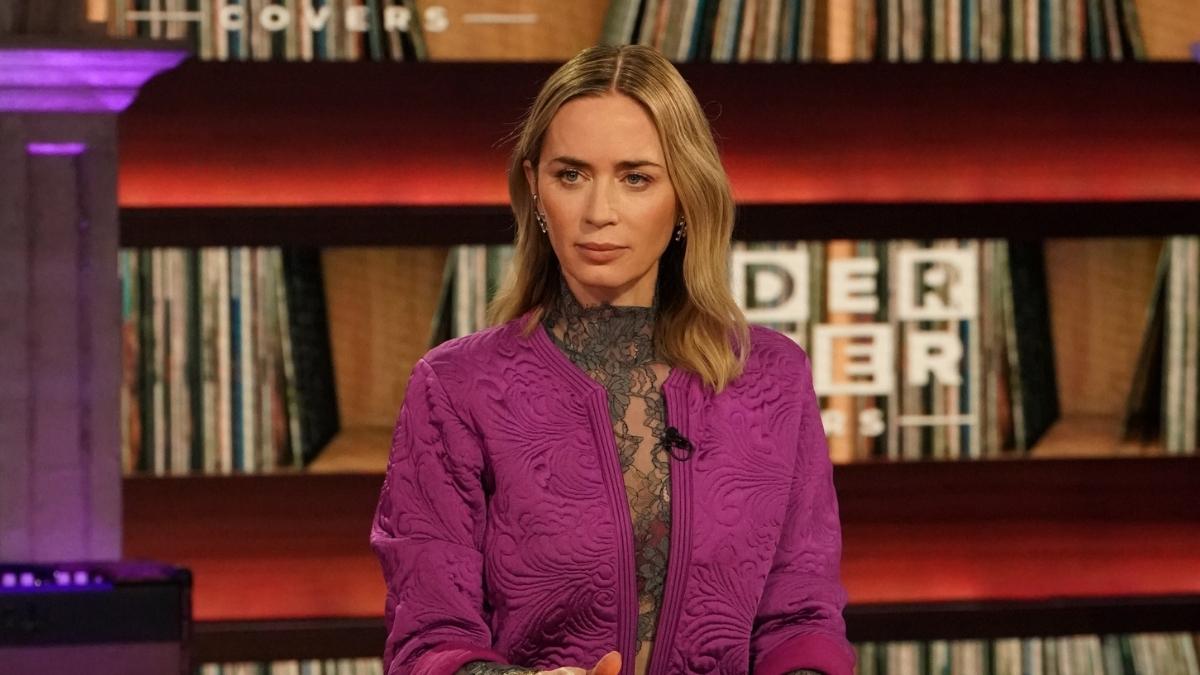 Emily Blunt's Dangerously Plunging Dress Comes With a Sneaky Bra Peek ...